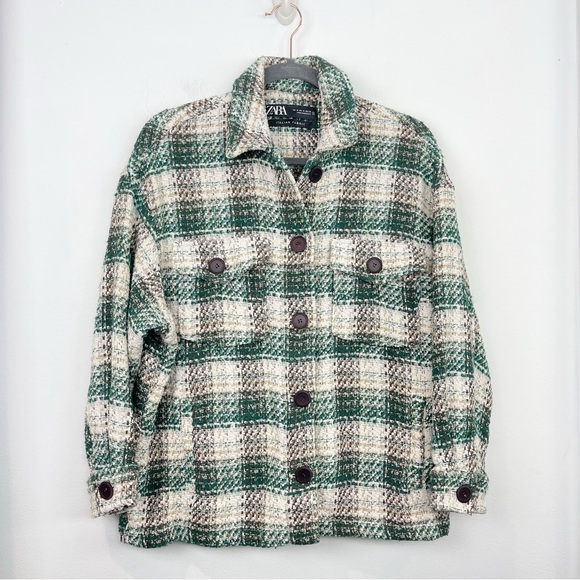 Zara | Jackets & Coats | Zara Green Plaid Tweed Button Down Jacket Italian Fabric Size Medium ...